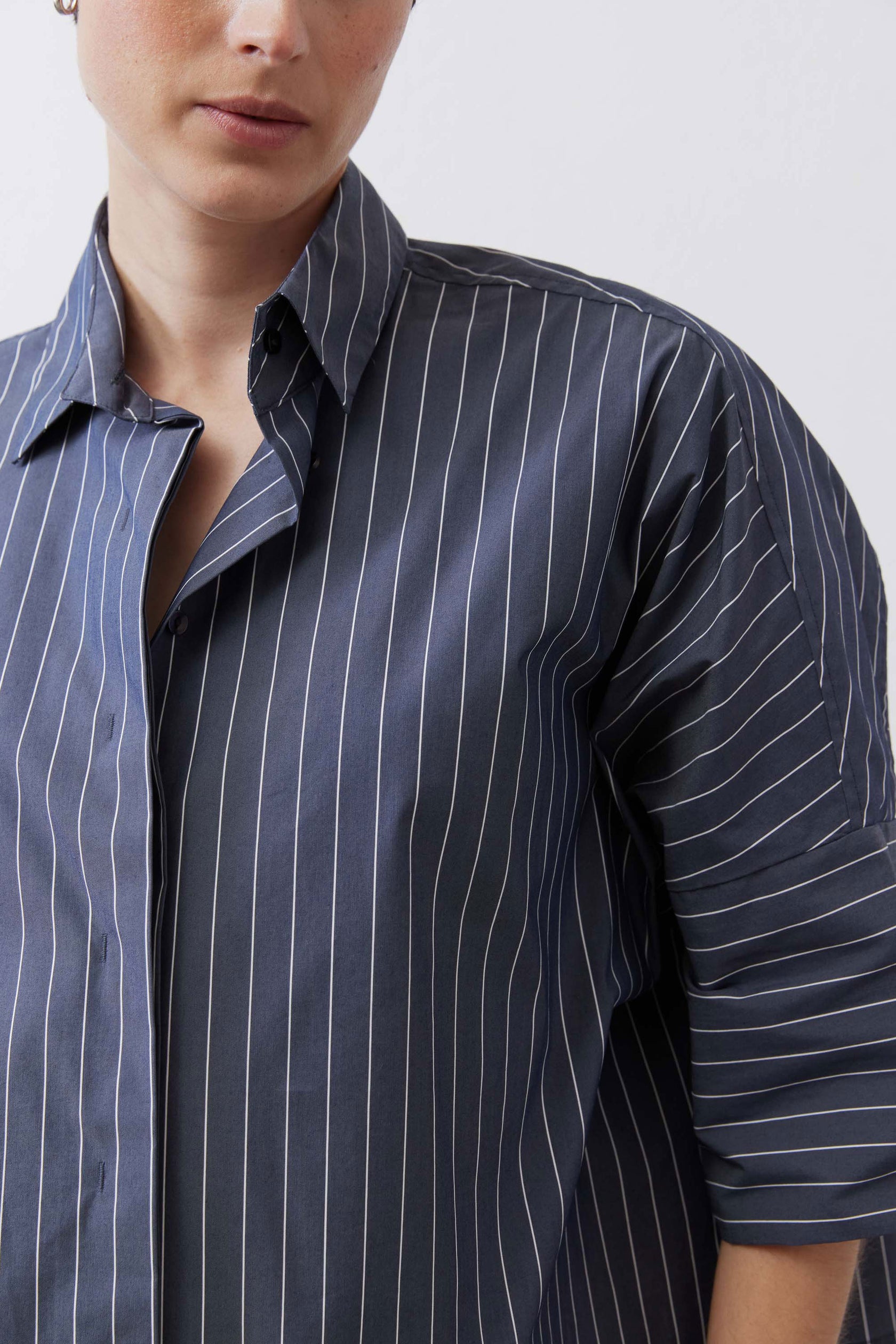 Oversized Cropped Button Up | Washed Navy White Stripes – Ruti