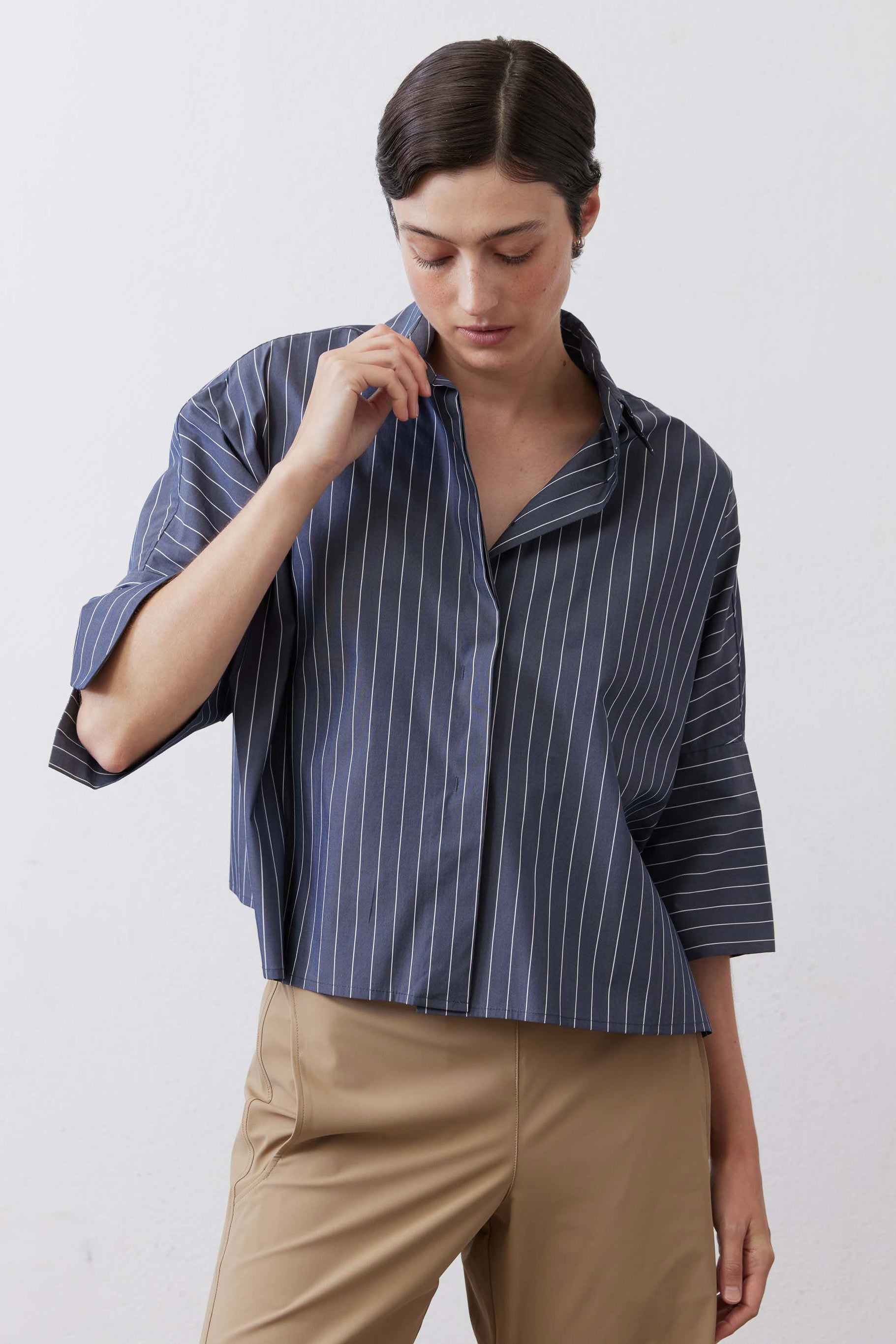 Oversized Cropped Button Up | Washed Navy White Stripes – Ruti